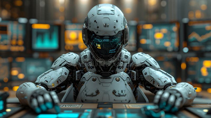 A Cyborg Sits at a Desk in a High-tech Luxurious Office. Background is ...