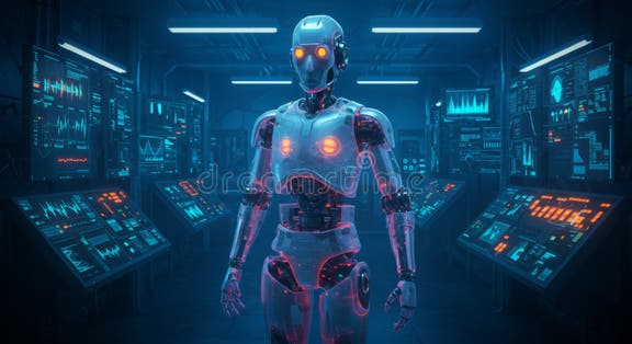 A Cyborg Standing in a Dark Room with Control Panels Displaying Data ...