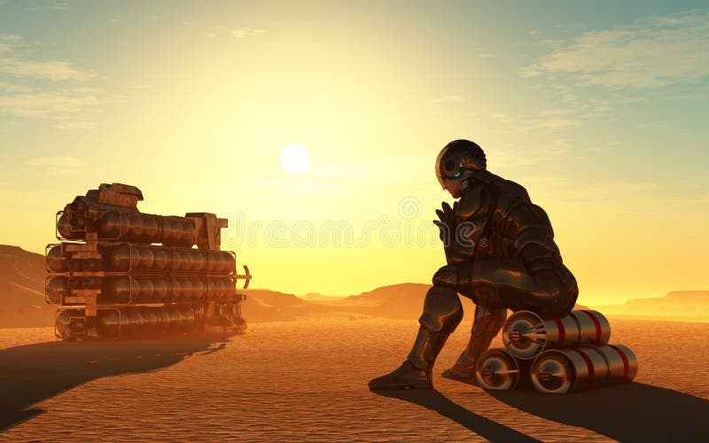 Cyborg at sunset stock illustration. Illustration of cyber - 241614562