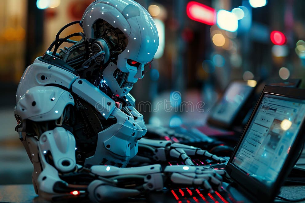 The Cyborg Uses Computer and Keyboard for Programming Code by ...