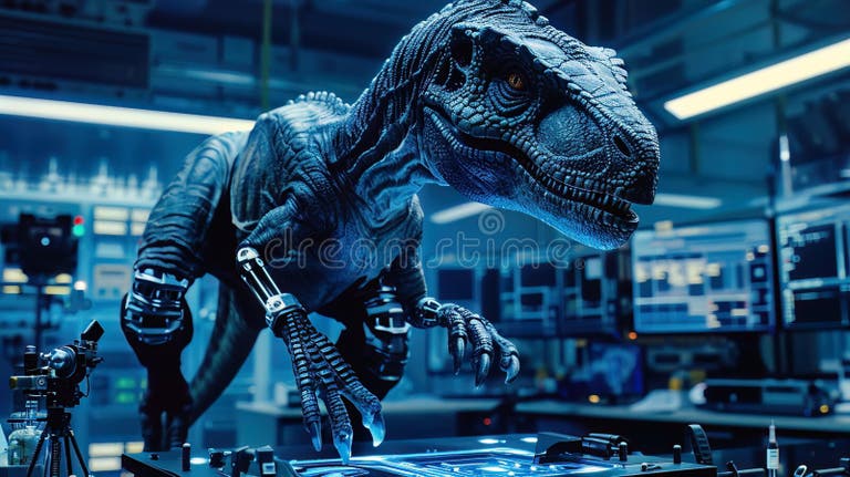 Cyborg Velociraptor in a Hightech Lab Manipulating Advanced Tools and ...