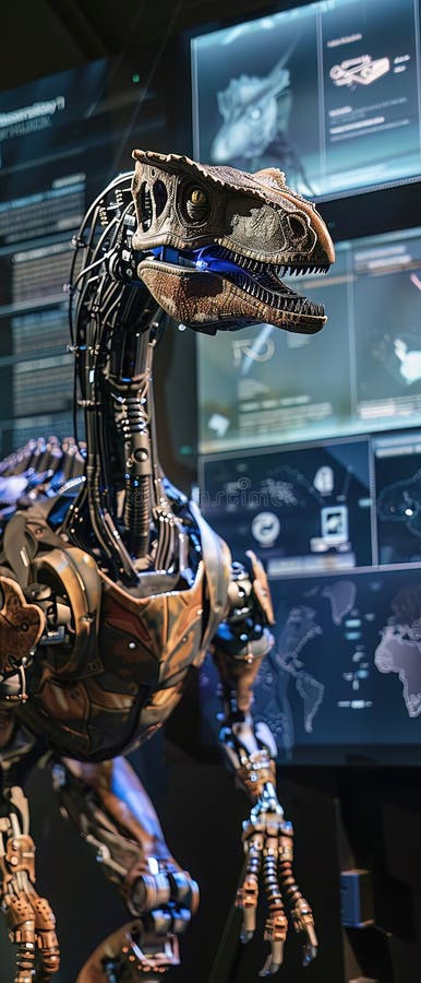 Cyborg Velociraptor Leading a Tech Seminar with Digital Screens ...