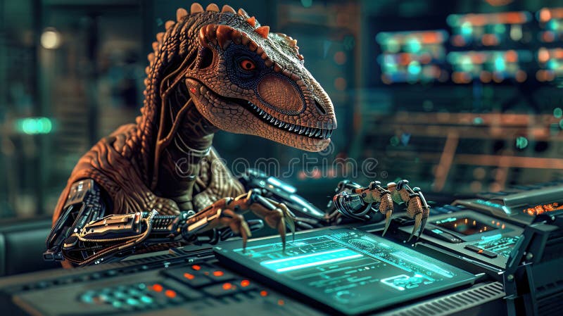 A Cyborg Velociraptor Working on a Digital Interface Its Metallic Claws ...