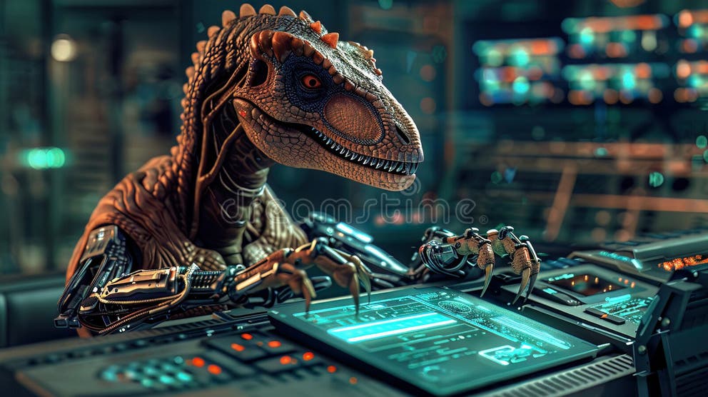 A Cyborg Velociraptor Working on a Digital Interface Its Metallic Claws ...