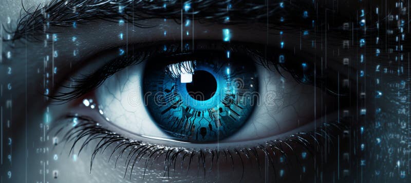 Cyborg Vision Hacker or Ai Robot Eye in Dark Tech Space on Digital ...