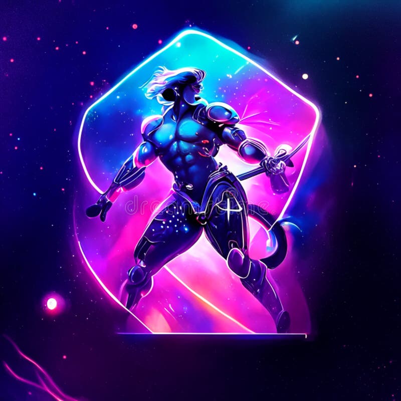 Cyborg Warrior in Neon Light. 3d Rendering. Computer Digital Drawing ...