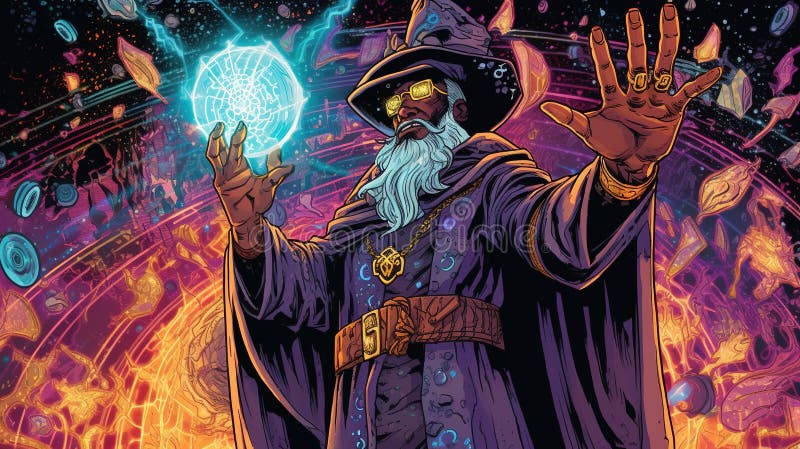 A Cyborg Wizard Casting Spells with Technology Stock Illustration ...