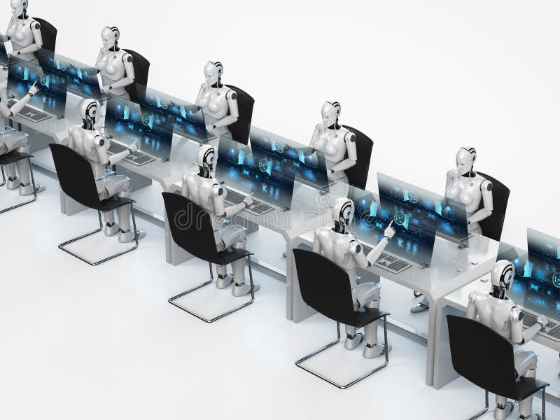 Cyborg work on computer stock illustration. Illustration of office ...