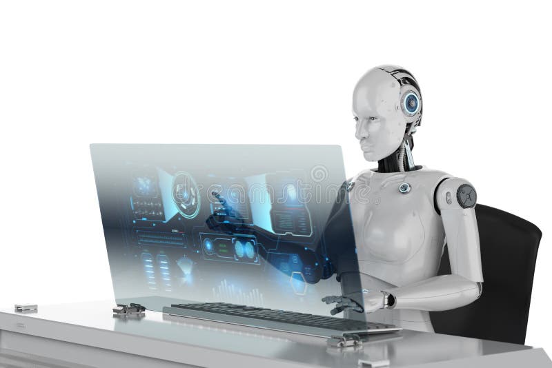 Cyborg work on computer stock illustration. Illustration of office ...