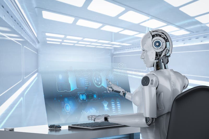 Cyborg work on computer stock illustration. Illustration of office ...