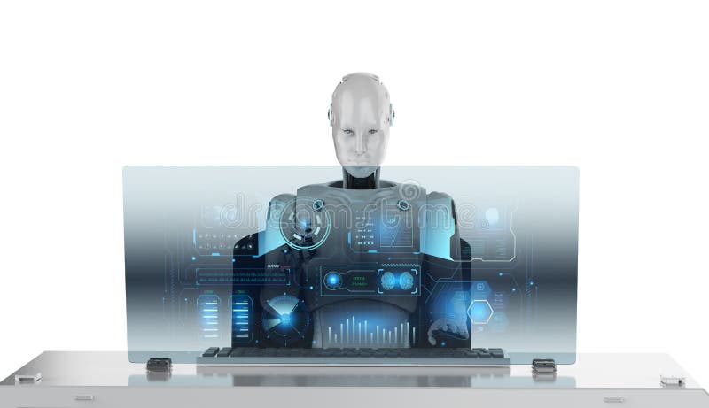 Cyborg work on computer stock illustration. Illustration of office ...