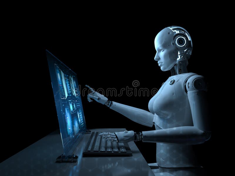 Cyborg work on computer stock illustration. Illustration of company ...