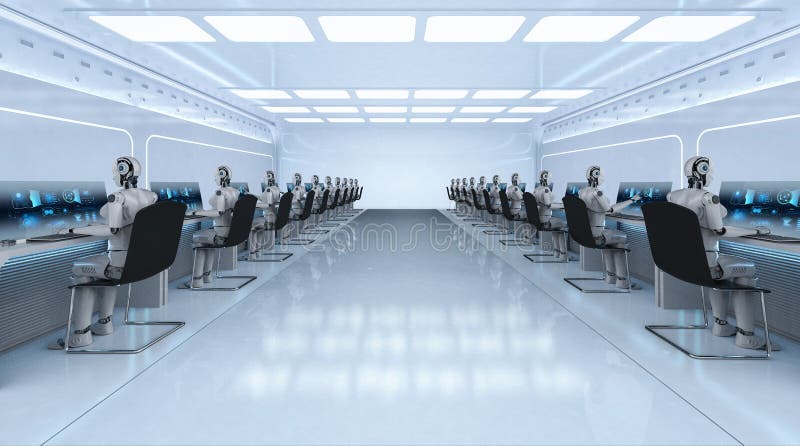 Cyborg work on computer stock illustration. Illustration of desk ...