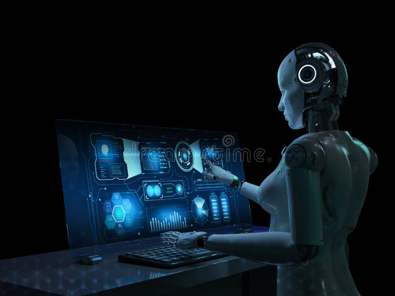 Cyborg work on computer stock illustration. Illustration of company ...