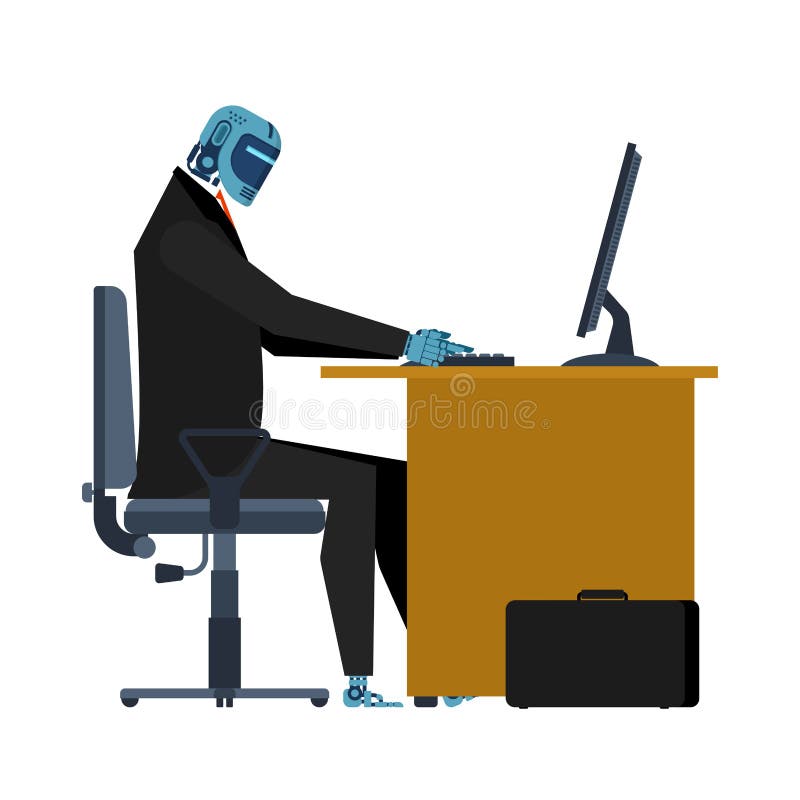 Cyborg work on computer stock illustration. Illustration of management ...