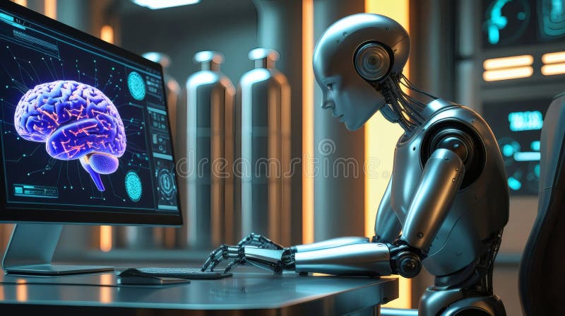 A Cyborg Sits at a Computer Stock Illustration - Illustration of gear ...