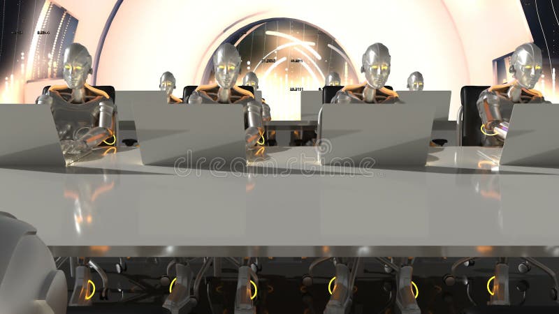 Cyborgs of the Future Work in Sci-fi Office on Computers. 3D Rendering ...
