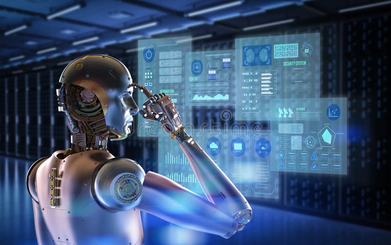 Cyborgs in server room stock illustration. Illustration of robot ...