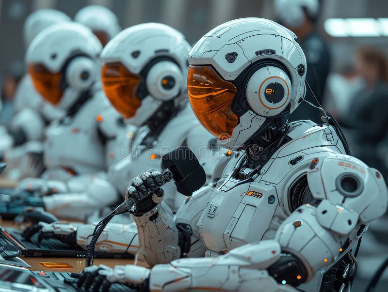 Cyborgs are Sitting in Row and Holding Microphones. Stock Image - Image ...