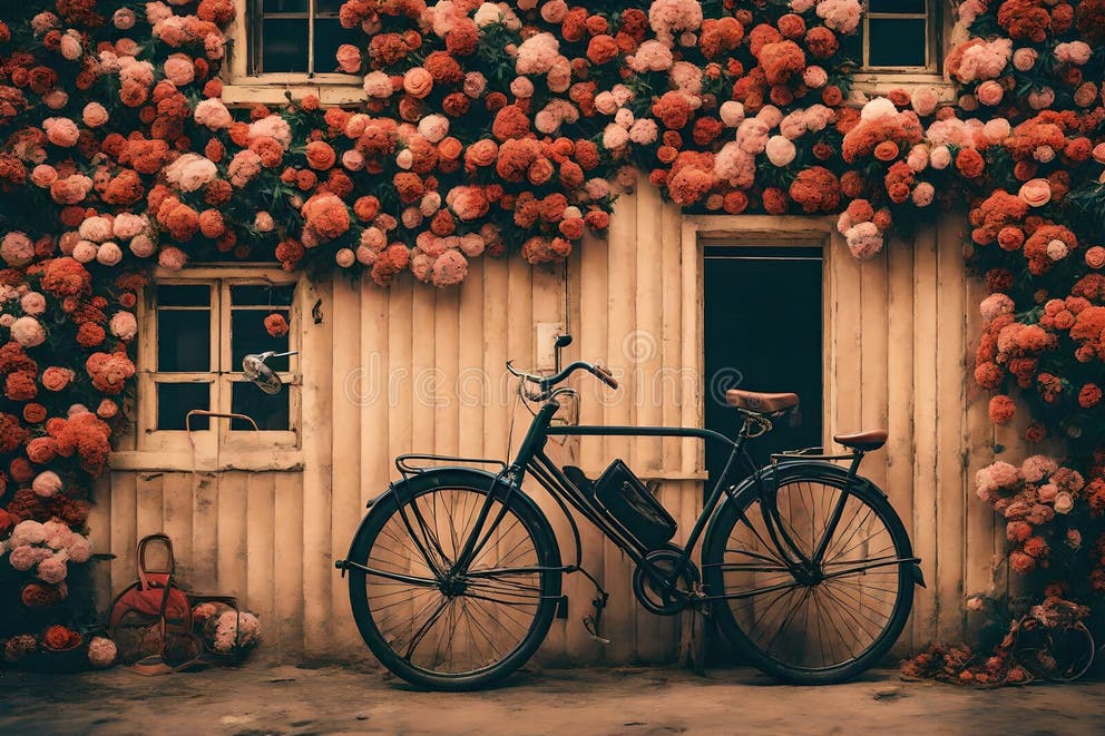 A Cycle Infront of Aesthetic Wall with Flowers Stock Illustration ...
