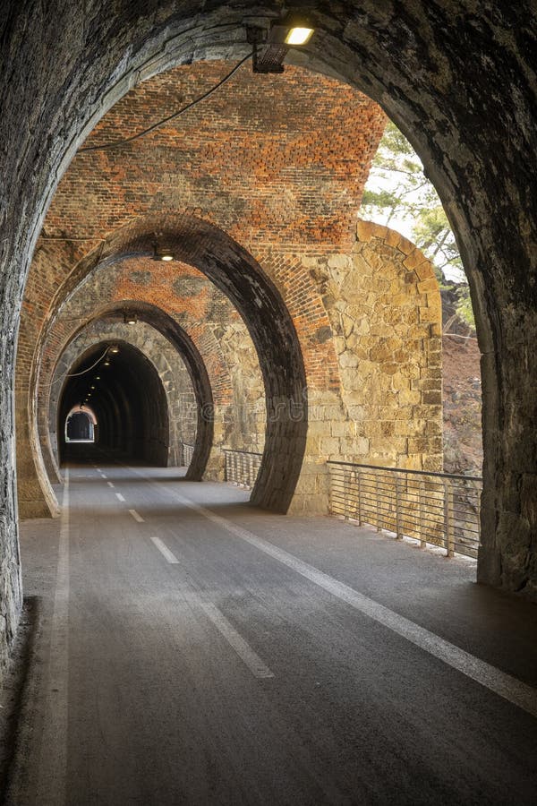 Cycle Path in Liguria Built on the Old Train Route. Tunnel Made from ...