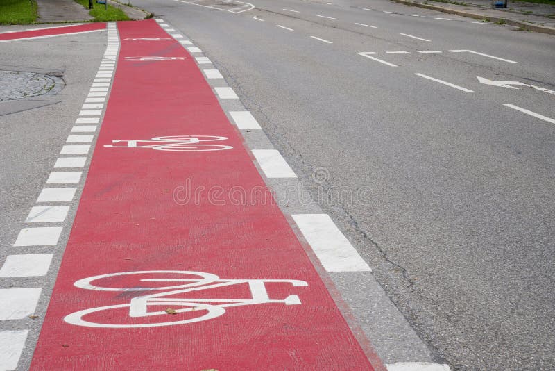 Cycle Path with Red Color on Street Stock Image - Image of lane, line ...