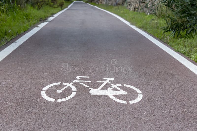 Cycle Path with Road Signs in the Woods Stock Image - Image of line ...