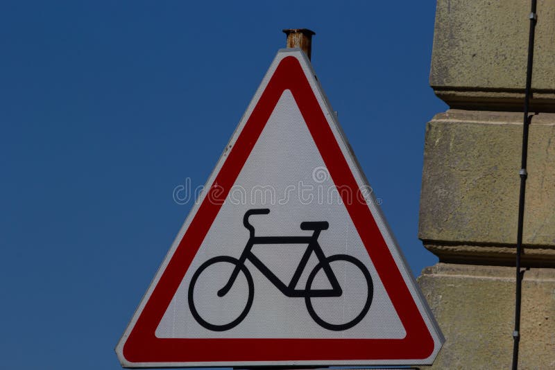 Cycle Route Ahead Warning Sign with a Blue Sky Stock Photo - Image of ...
