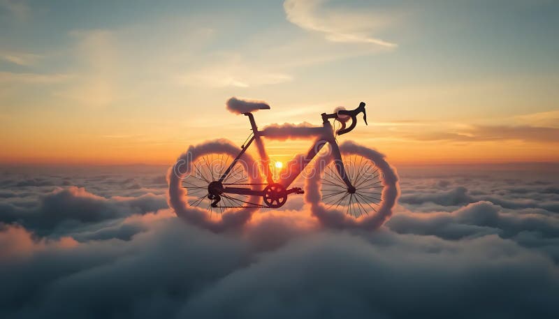 Cycling Above the Clouds: a Dreamy Sunset Ride Stock Illustration ...