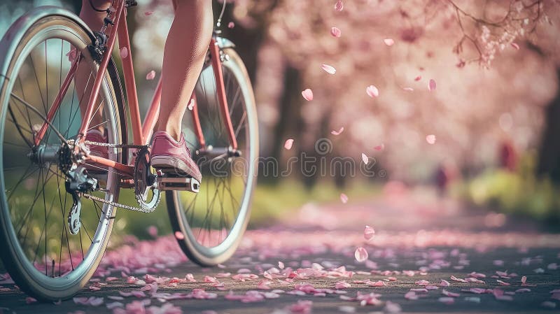 Person Biking on a Path with Falling Cherry Blossoms Stock Image ...