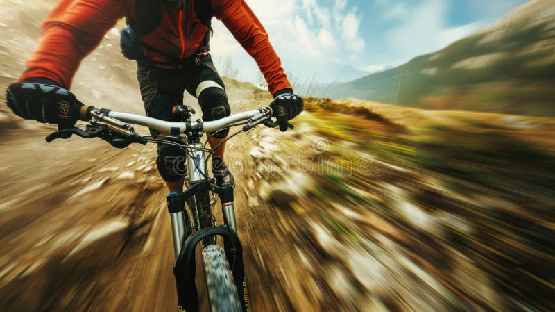 A Cyclist in Action on a Mountain Bike, Navigating a Rugged Trail Stock ...