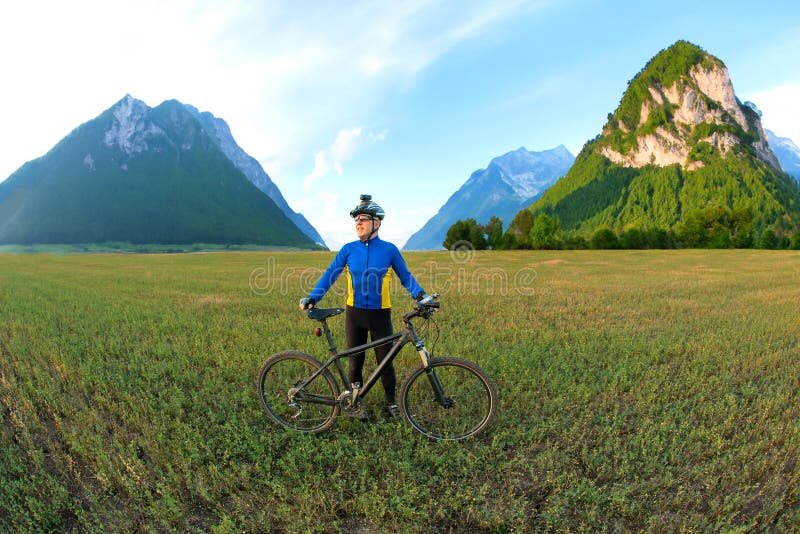 Cyclist with Bicycle Standing on Field Path Stock Image - Image of walk ...