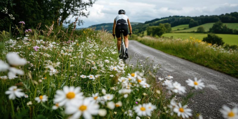 Cyclist Enjoying Scenic Countryside Ride Along Flower-lined Path Stock ...