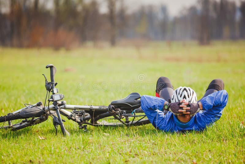 Cyclist Have a Rest with Bike Stock Image - Image of break, helmet ...
