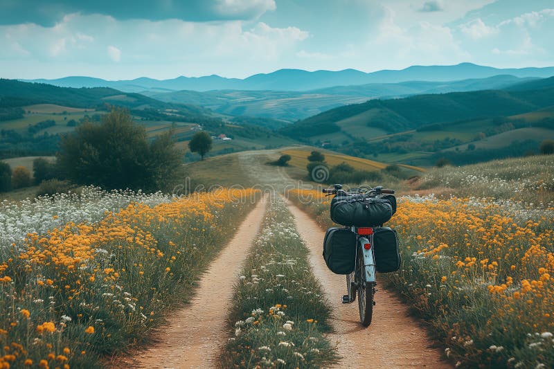 Cyclist Journey Exploring Mountains and Fields Stock Illustration ...