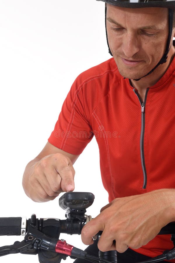 Cyclist Programming the GPS Stock Photo - Image of posing, protective ...