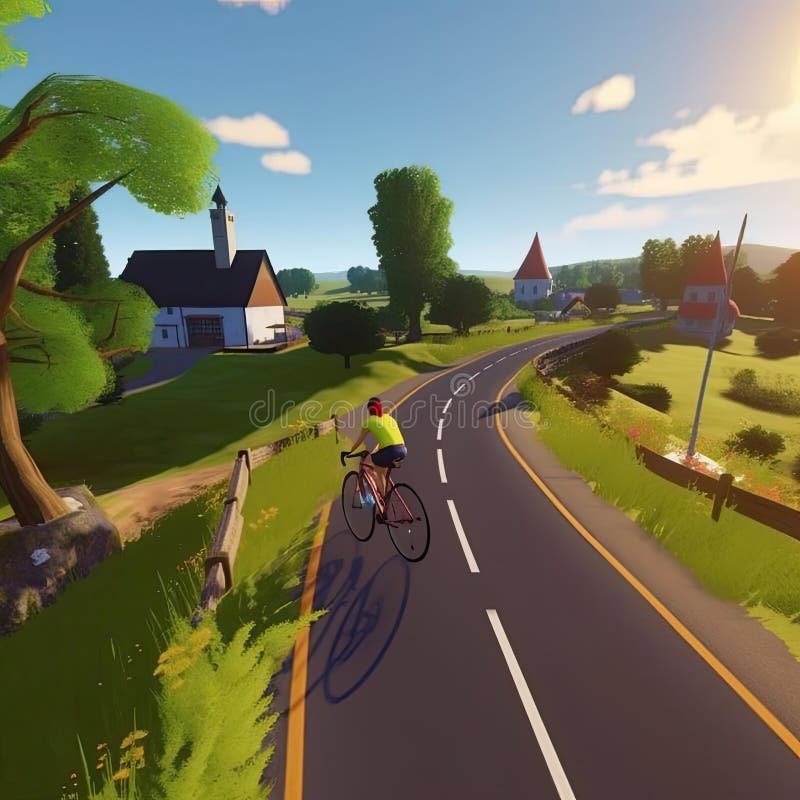 Cyclist Rides on the Road in the Village - 3d Render Stock Illustration ...