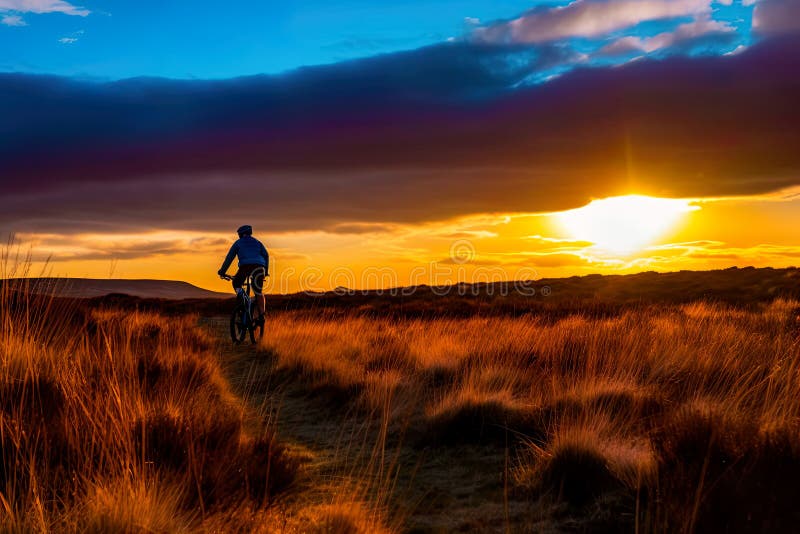 Cyclist Riding Bicycle at Sunset in Fields, AI Generative Stock ...