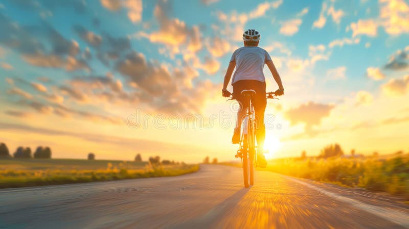 Cyclist Riding at Sunset on Open Road Stock Illustration - Illustration ...