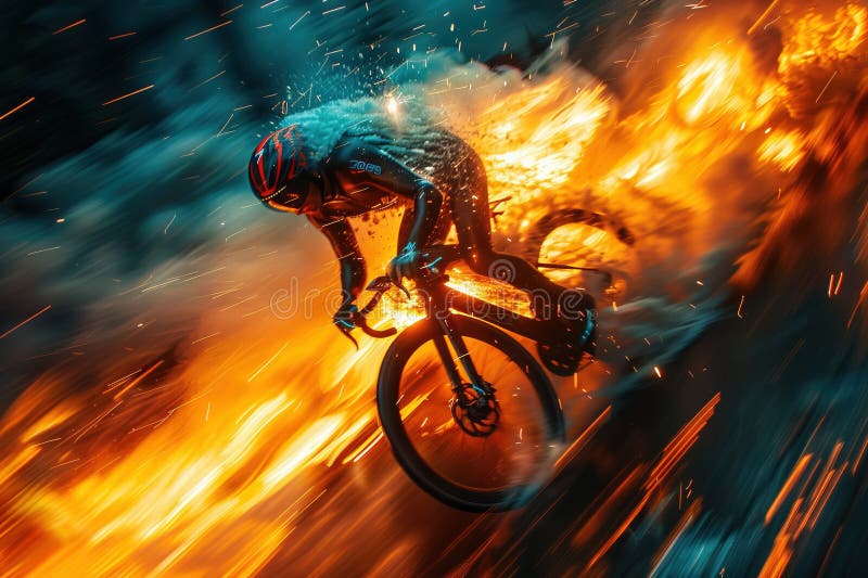 The Cyclist is Riding Very Fast, Flames Behind Him. Generative AI ...