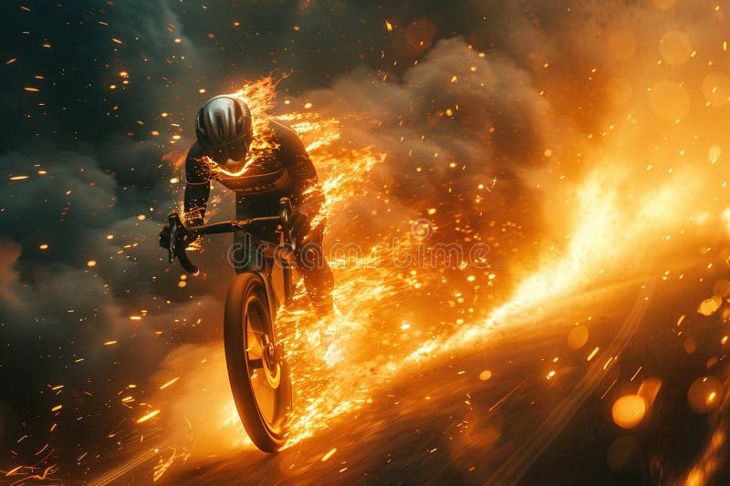 The Cyclist is Riding Very Fast, Flames Behind Him. Generative AI ...