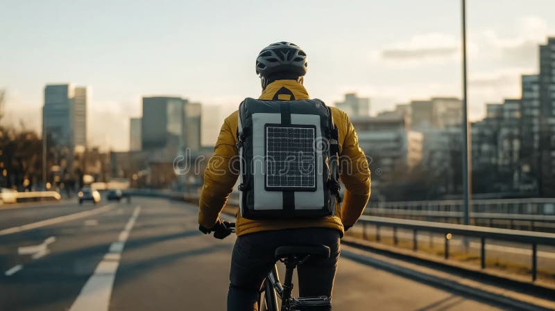 Cyclist with Solar Backpack Riding through a City at Sunset Stock Photo ...