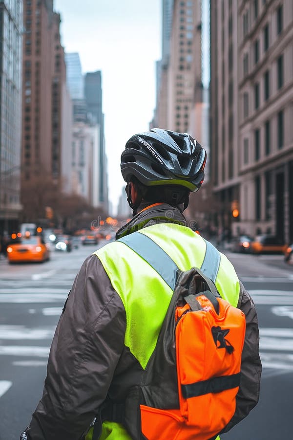 Cyclist Using Reflective Gear and a Helmet while Commuting To Work ...