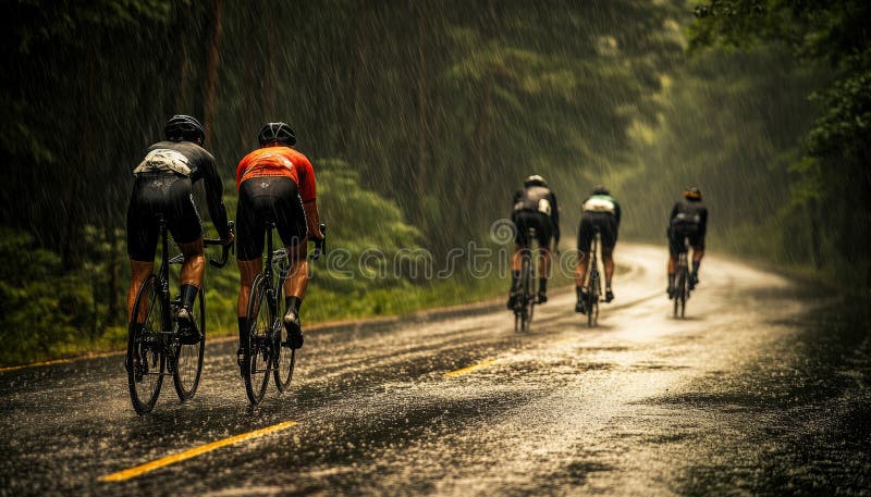 Cyclists Compete in a Rainy Country Road Race Dynamic Back View of the ...