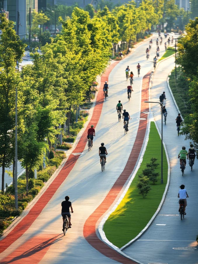 Cyclists on Dedicated Bike Path, Urban Green Space Stock Illustration ...