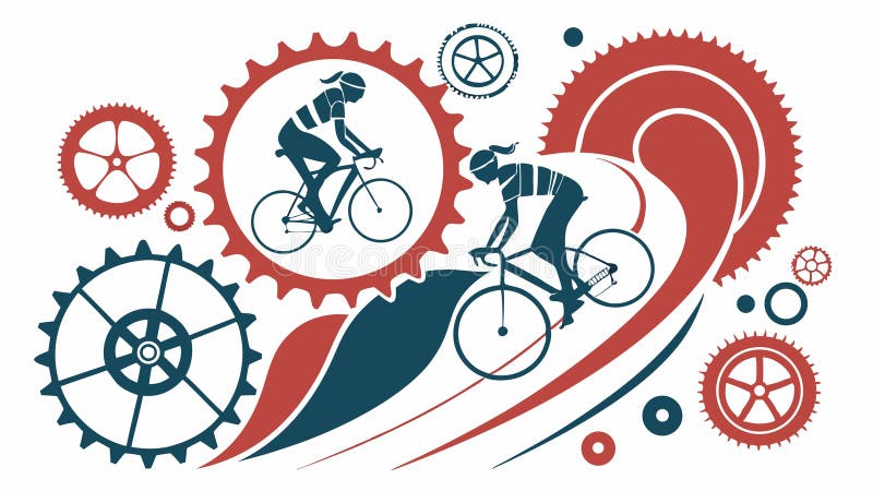 Cyclists Racing with Gears and Cogs in an Abstract Red Wave, Vector ...