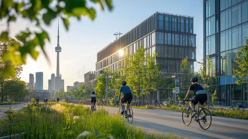 Cyclists Ride Along a City Path with Modern Buildings and a Tower in ...