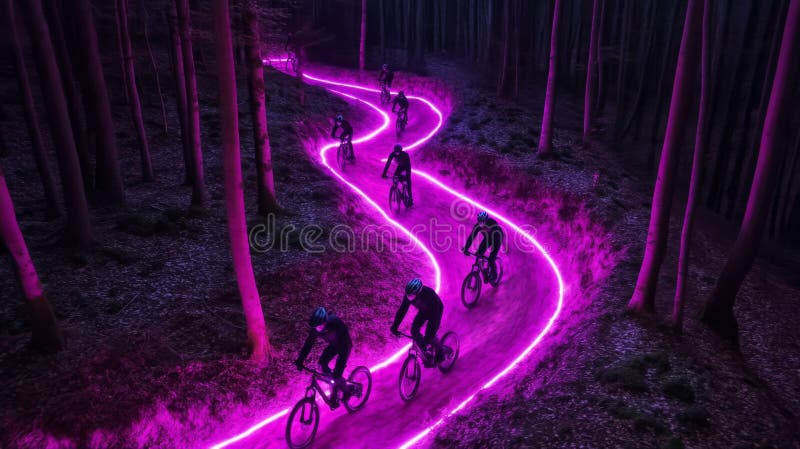 Cyclists Ride Illuminated Trail through Dark Forest at Night Stock ...