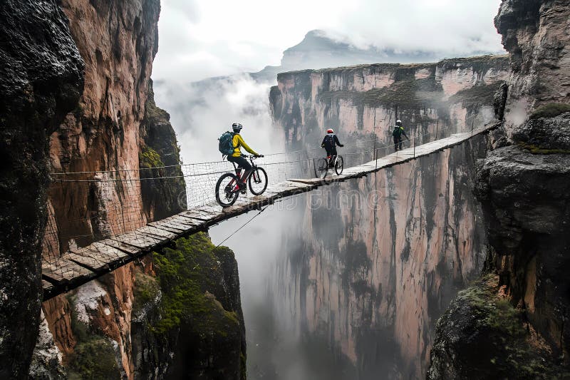 Cyclists Ride Over the Chasm Via Stock Illustration - Illustration of ...