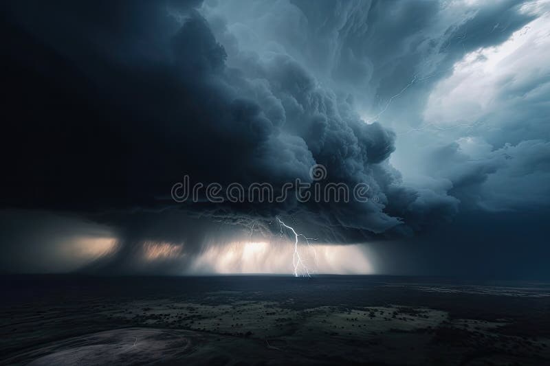 Cyclone with Storm Clouds and Lightning Visible in the Sky Stock ...